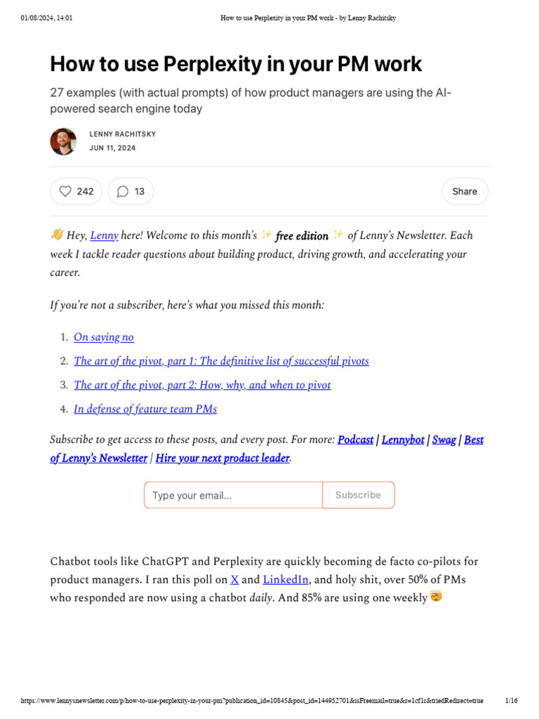 How To Use Perplexity in Your PM Work - by Lenny Rachitsky | PDF ...
