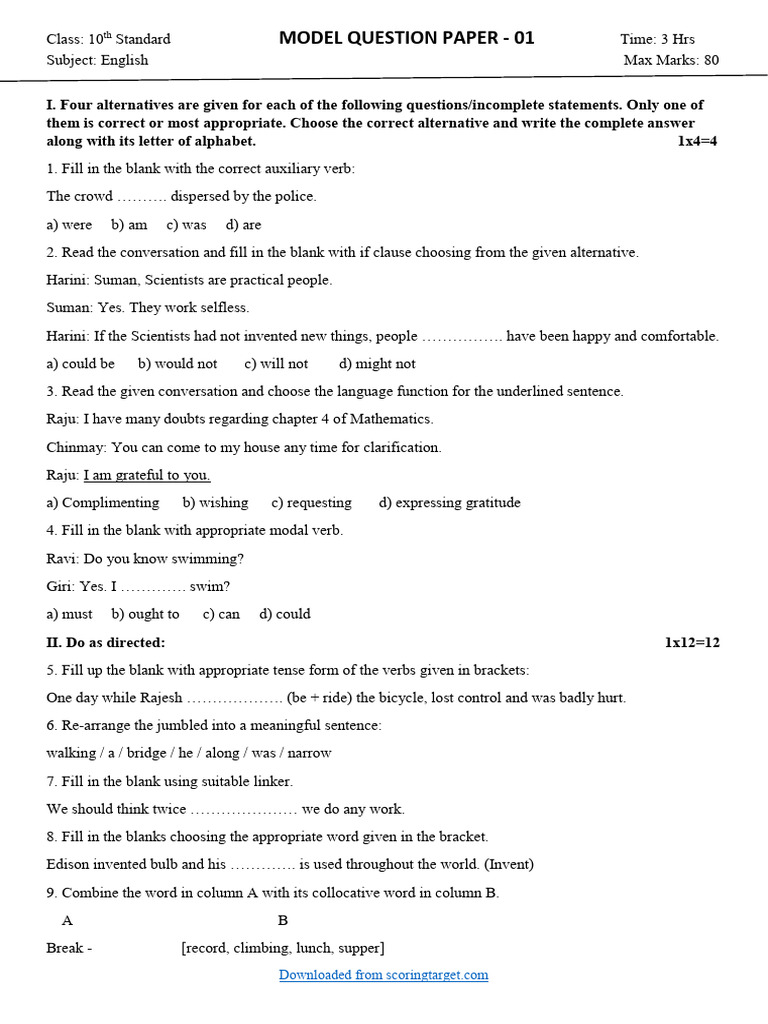 10th Grade English Model Paper | PDF | Verb | Linguistics