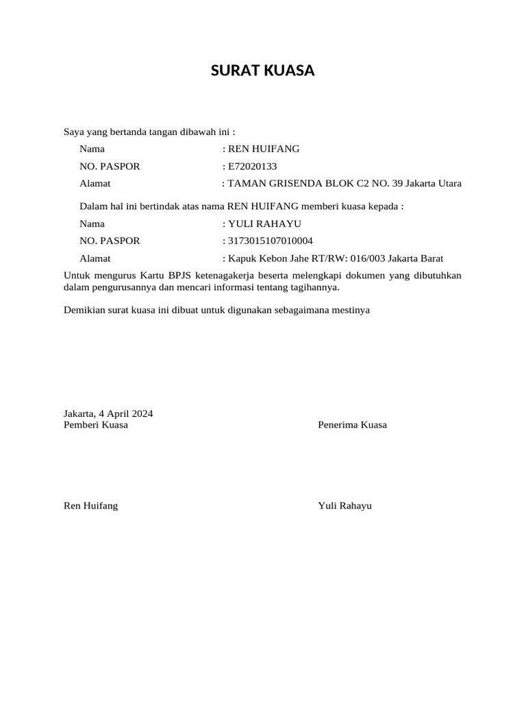 SURAT KUASA-ren Huifang Ke Yuli Rahayu | PDF | Hukum