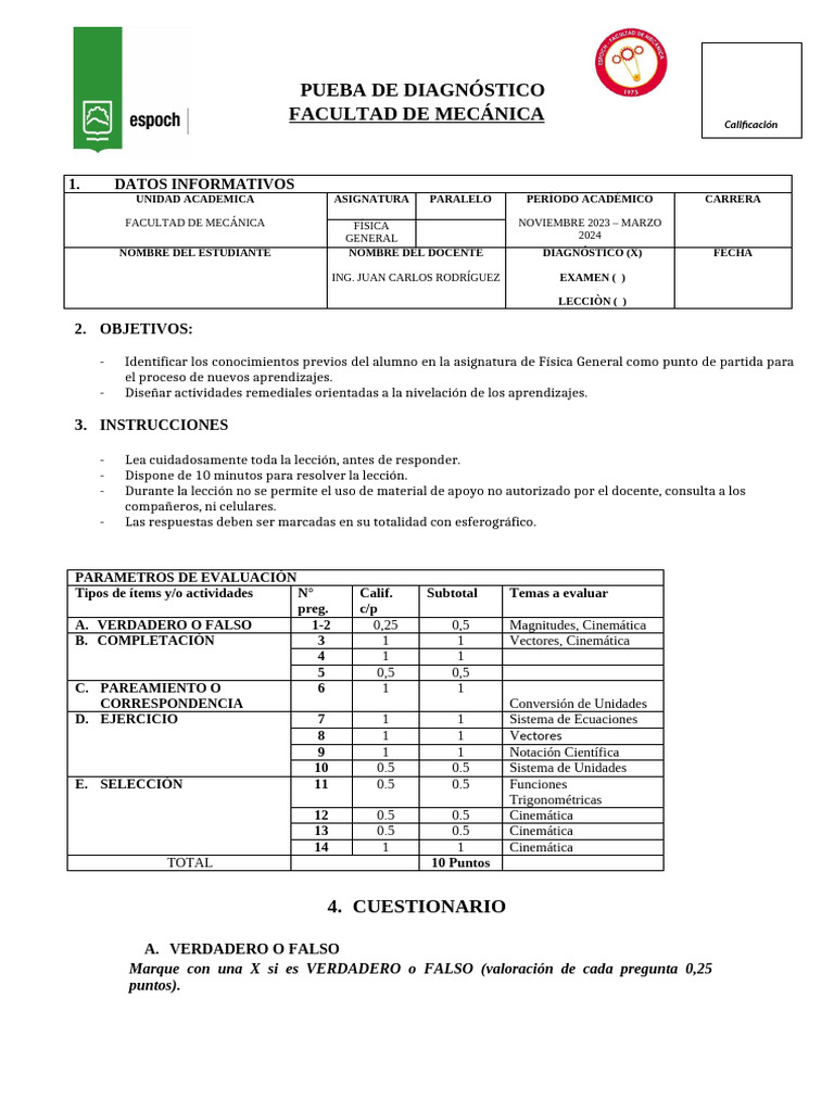 Prueba - Diagnóstico Mecánica - Física General - 2023 | PDF | Kilogramo ...