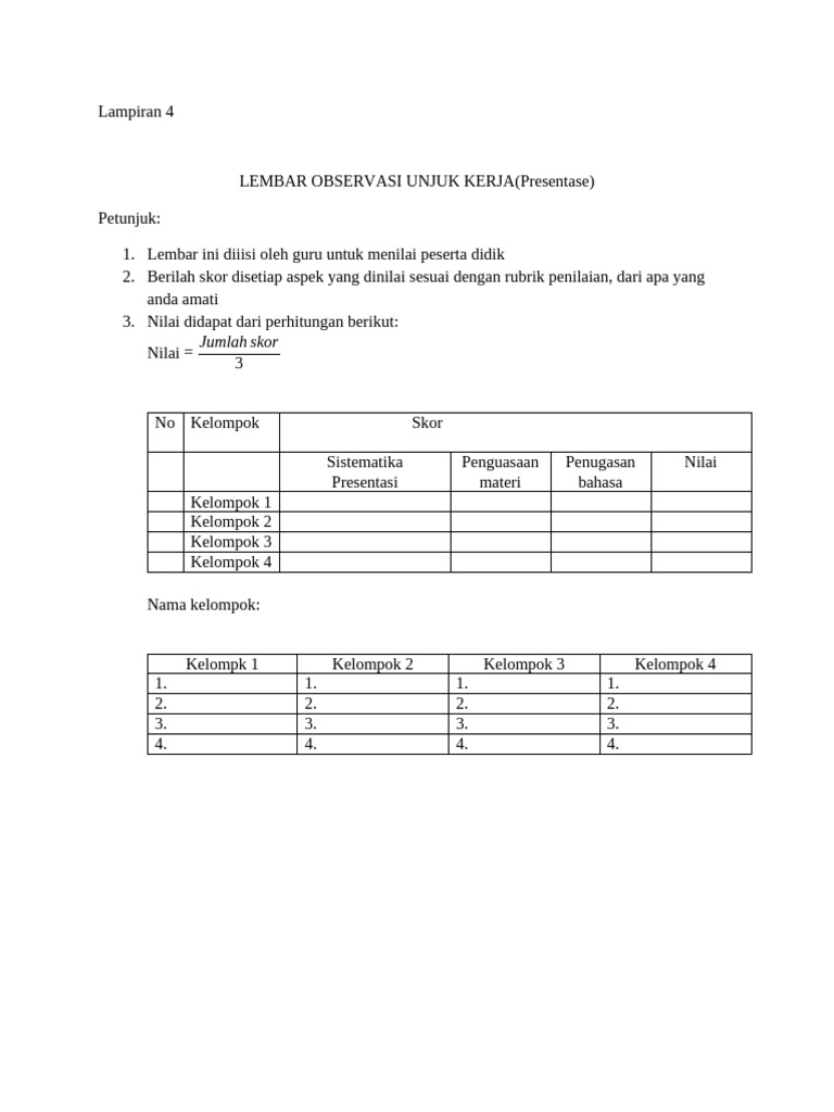 Lembar Observasi Unjuk Kerja | PDF