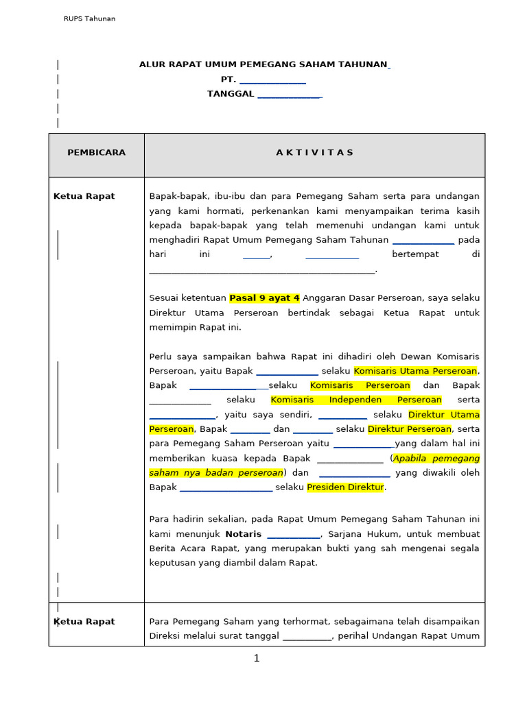 Draft Blank RUPS TAHUNAN Mei 2010 | PDF | Bisnis