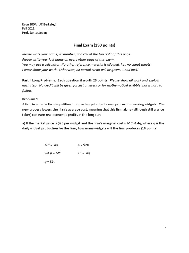 UC Berkeley Econ 100A Final Exam 2011 | PDF | Monopoly | Externality