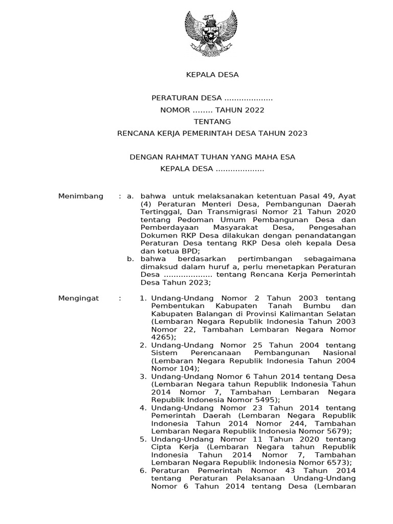 Contoh Rancangan Perdes - RKP Desa 2023 | PDF | Pengelolaan Keuangan & Uang