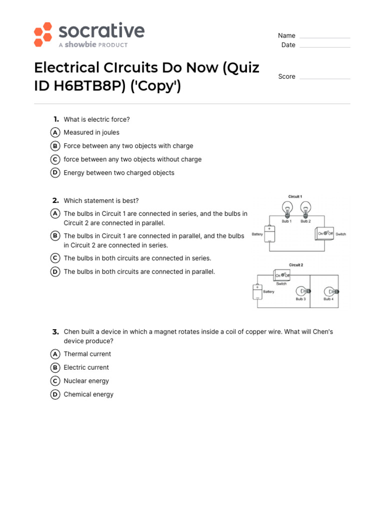 Quiz - Electrical CIrcuits Do Now (Quiz ID H6BTB8P) (Copy) | PDF ...