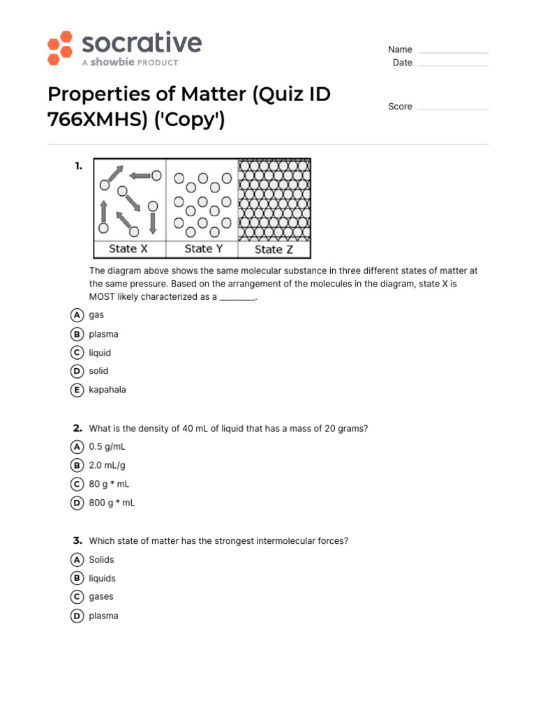 Quiz - Properties of Matter (Quiz ID 766XMHS) (Copy) | PDF