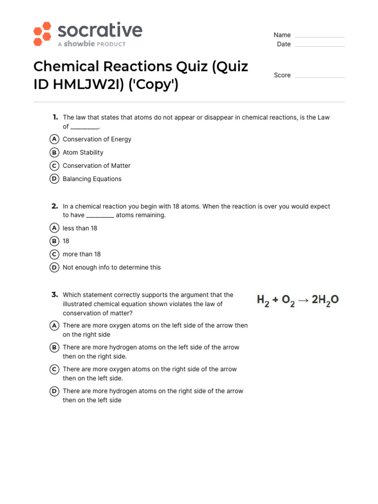 Quiz - Chemical Reactions Quiz (Quiz ID HMLJW2I) (Copy) | PDF | Water ...