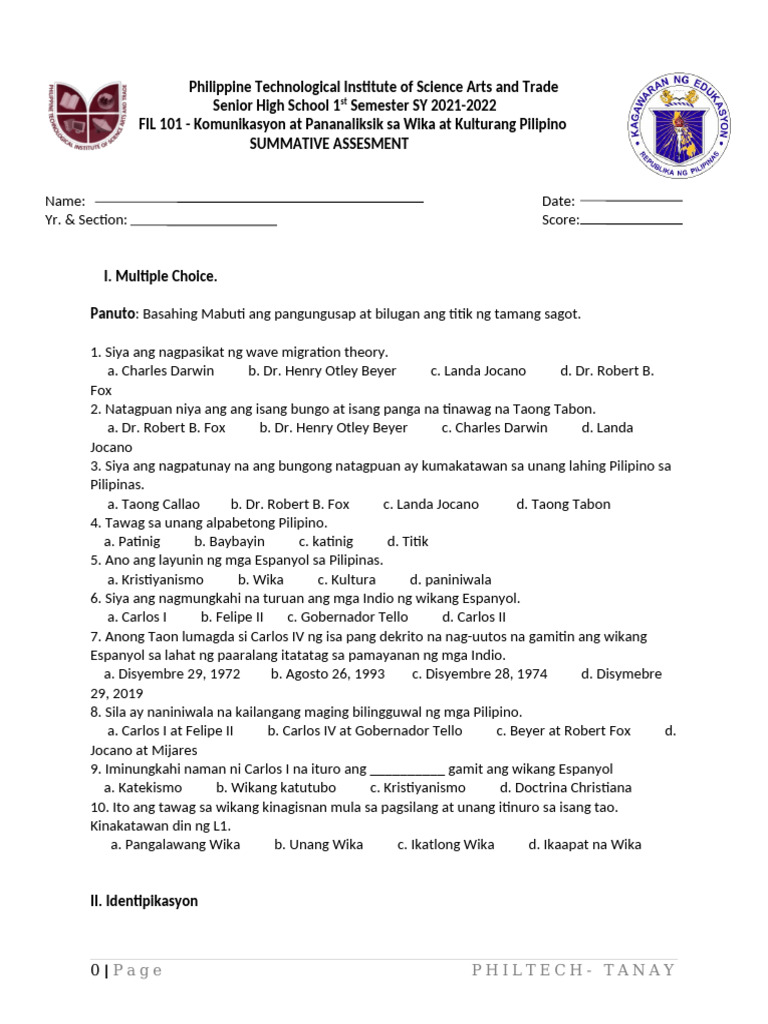 Fil 101 ASSESSMENT TOOL 1 | PDF