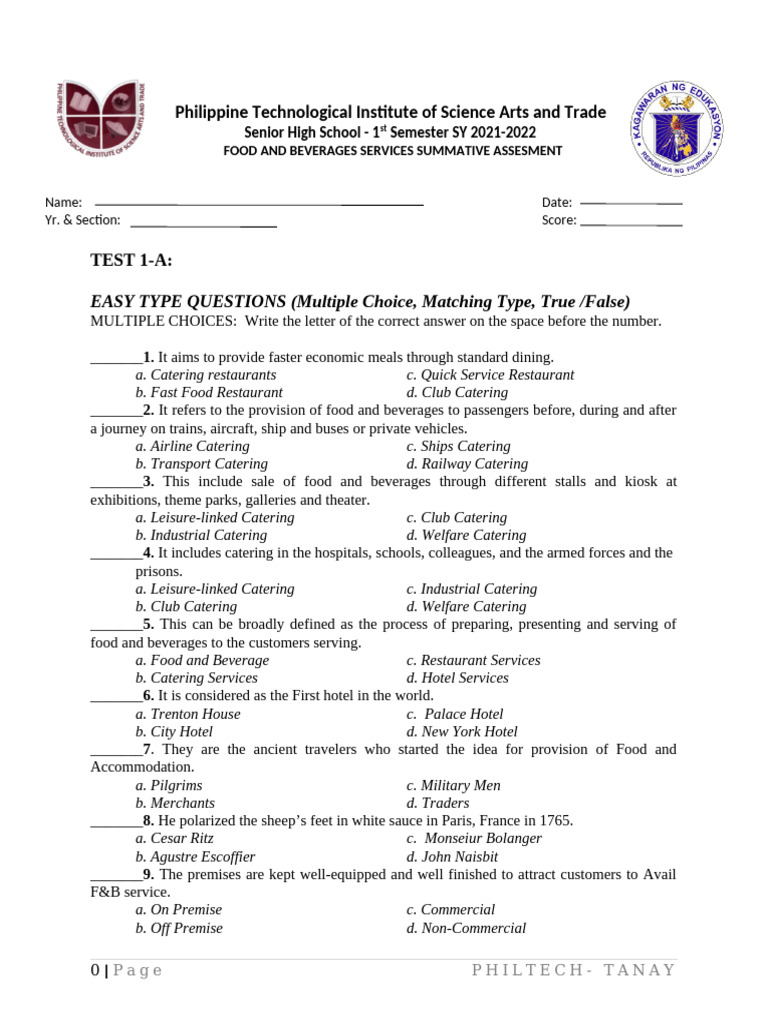 FBS Assessment Tool G11 Ann | PDF | Restaurants | Menu