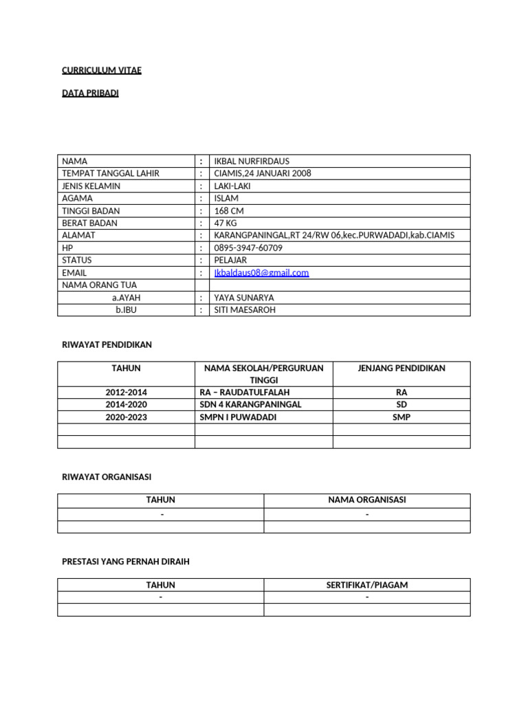 CV - Ikbal NF - X Mipa 6 | PDF