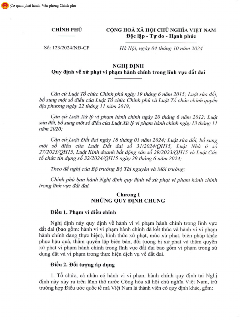 ND 123.2024.CP Quy Dinh Xu Phat VI Pham Hanh Chinh Trong Linh Vuc Dat Dai | PDF