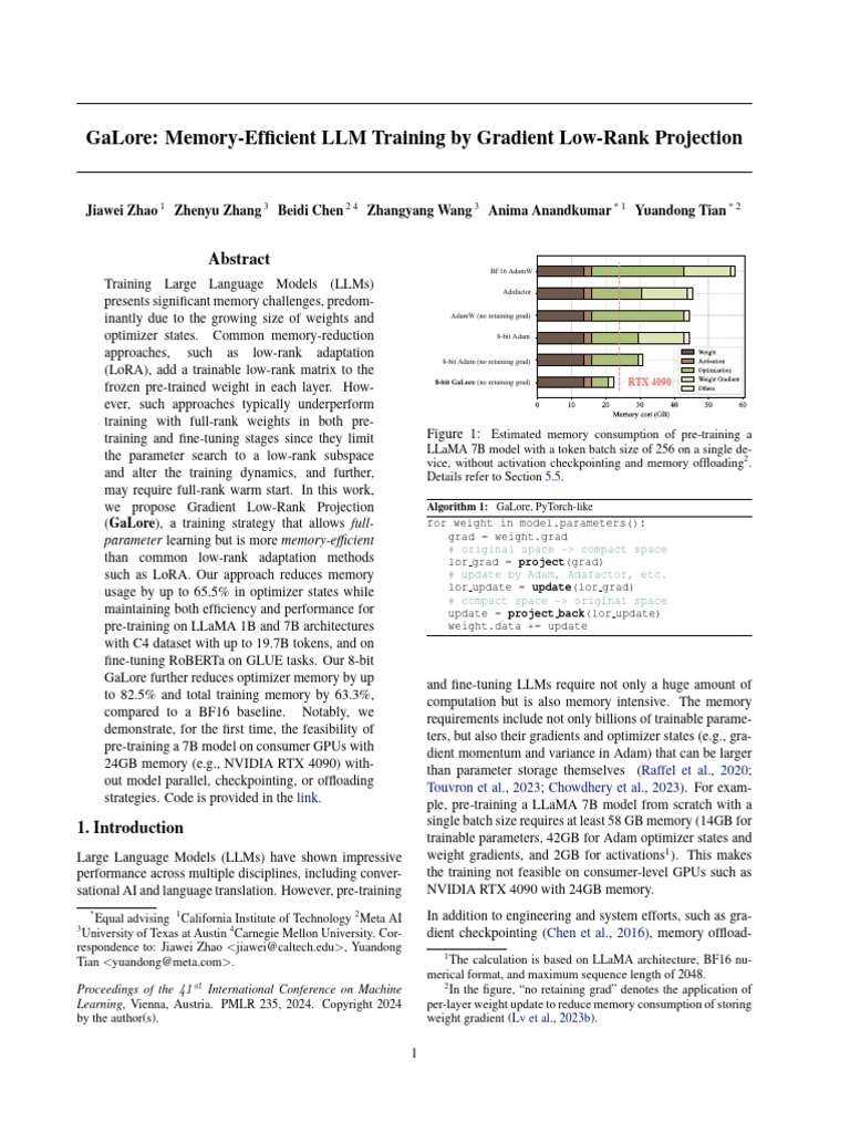 Galore: Memory-Efficient LLM Training by Gradient Low-Rank Projection | PDF | Eigenvalues And ...