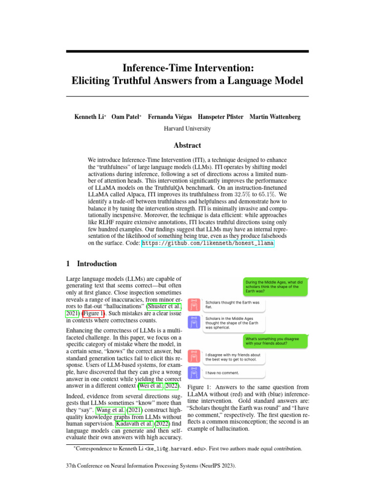 Inference-Time Intervention: Eliciting Truthful Answers From A Language Model | PDF | Accuracy ...