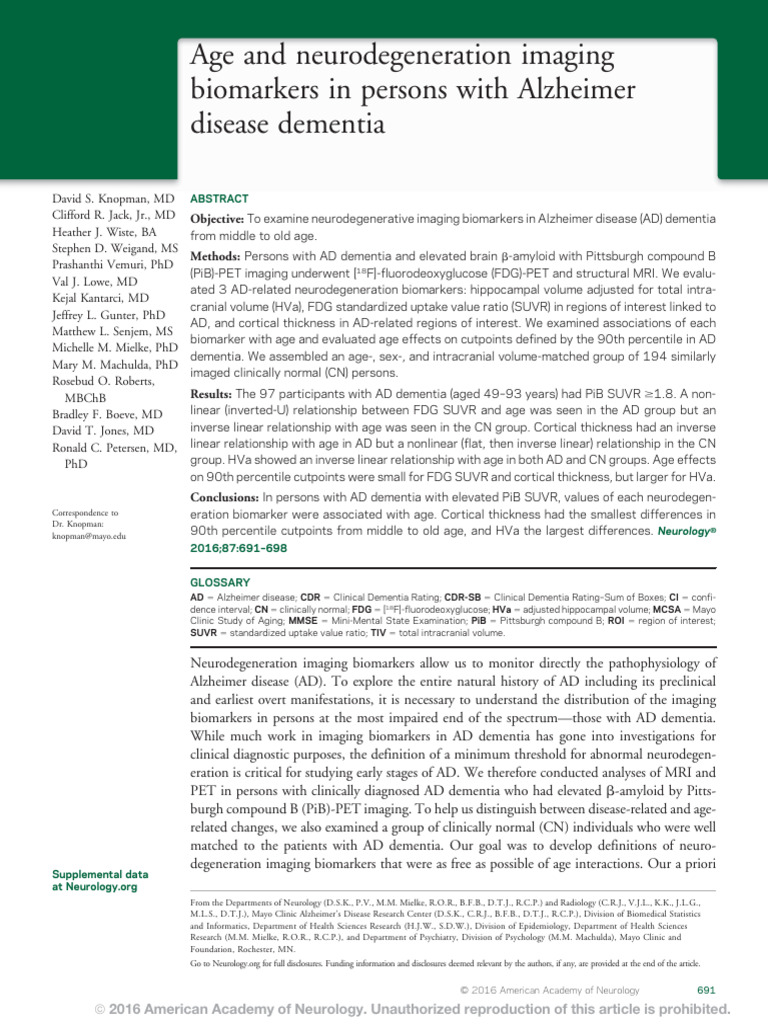 Age and Neurodegeneration Imaging Biomarkers in Persons With Alzheimer ...