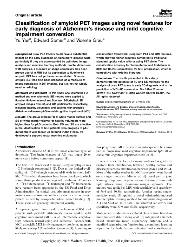 Classification of Amyloid PET Images Using Novel Features for Early Diagnosis of Alzheimer’s ...