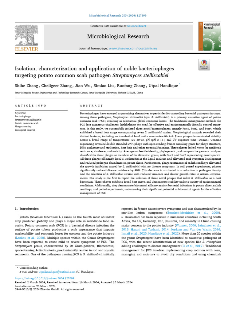 Isolation Characterization And Application Of Noble Bacteriophages Targeting Potato Common Scab