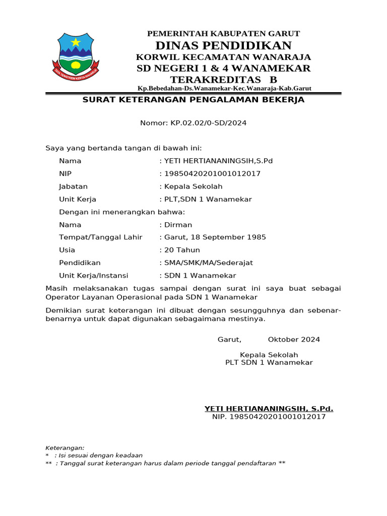 Surat Keterangan Pengalaman Kerja SDN 1 Wanamekar | PDF | Kesehatan ...