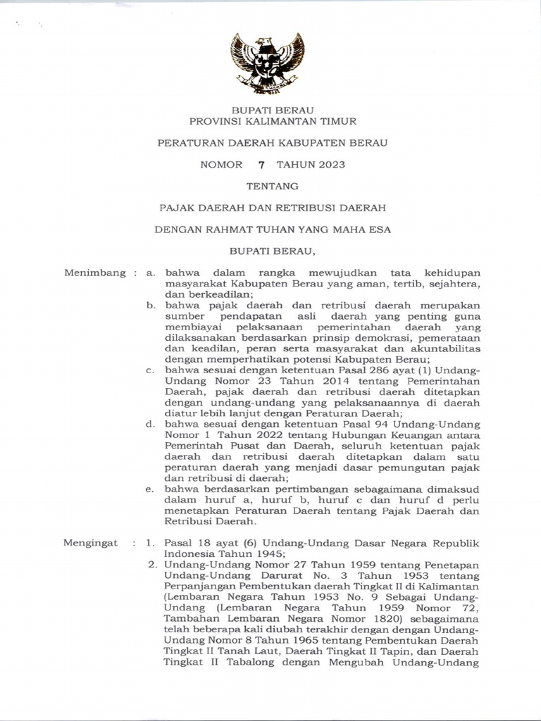 Perda Nomor 7 Tahun 2023 Tentang Pajak Daerah Dan Retribusi Daerah | PDF