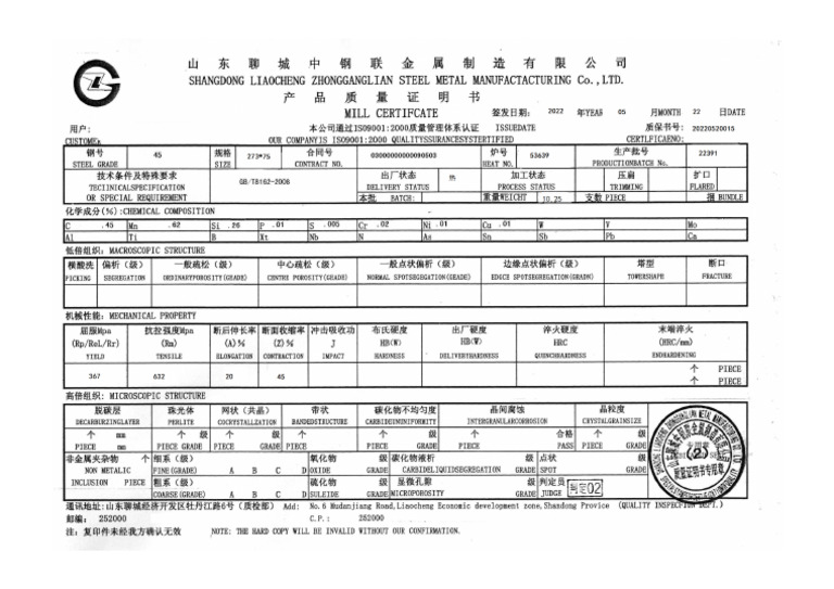 Mill Certificate (Sample) | PDF