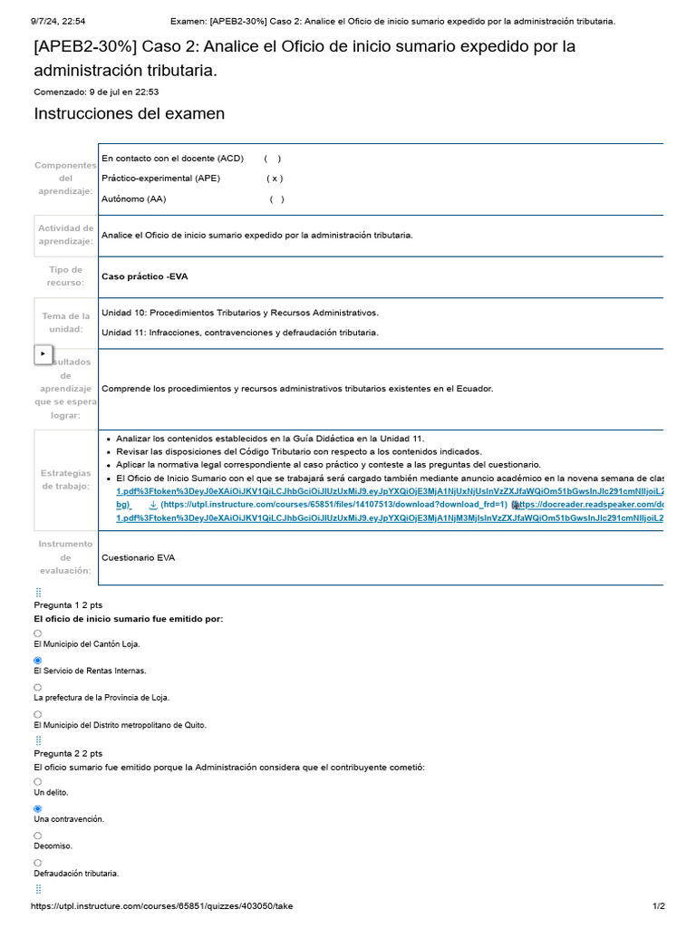 Examen - (APEB2-30%) Caso 2 - Analice El Oficio de Inicio Sumario Expedido Por La Administración ...