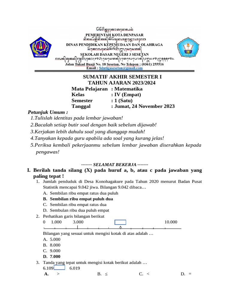 Sas Matematika Kelas Iv 2023 2024 | PDF