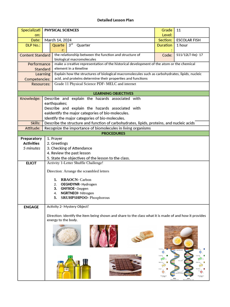 Detailed Lesson Plan - 3rd Quarter - Demo | PDF | Biomolecules | Proteins