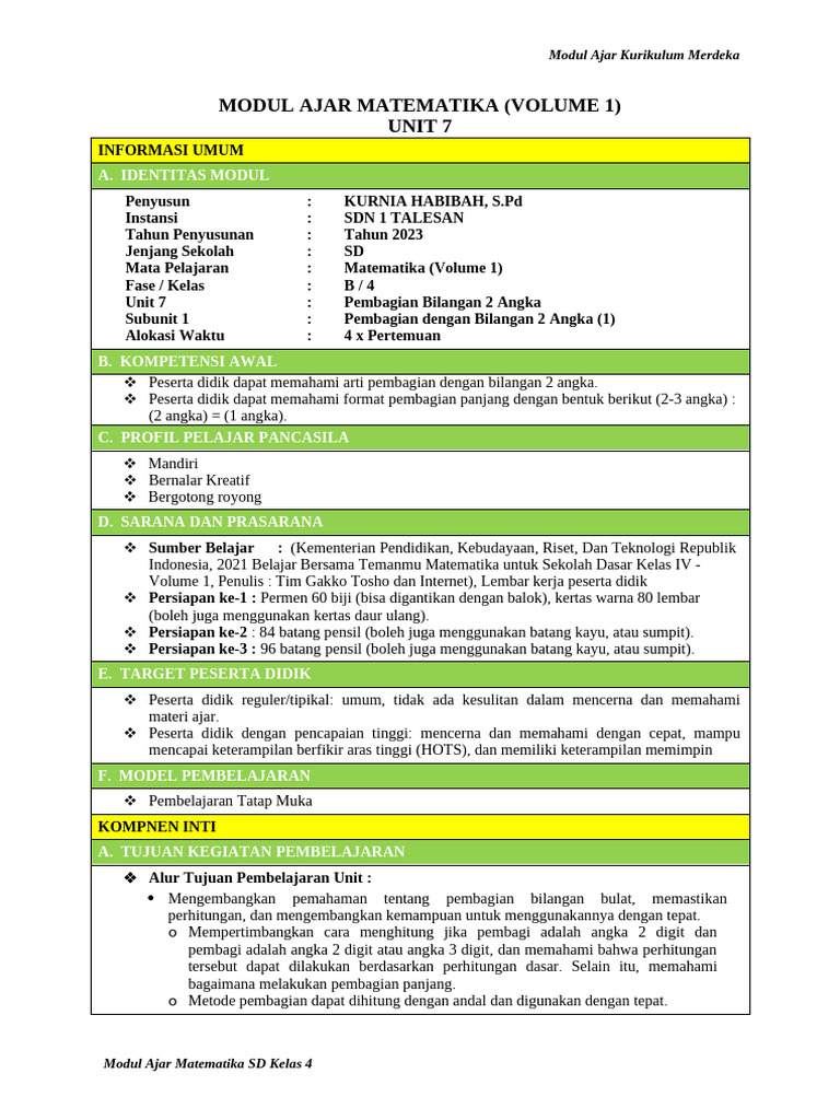 Modul Ajar MTK Unit 7 | PDF | Metode & Bahan Ajar