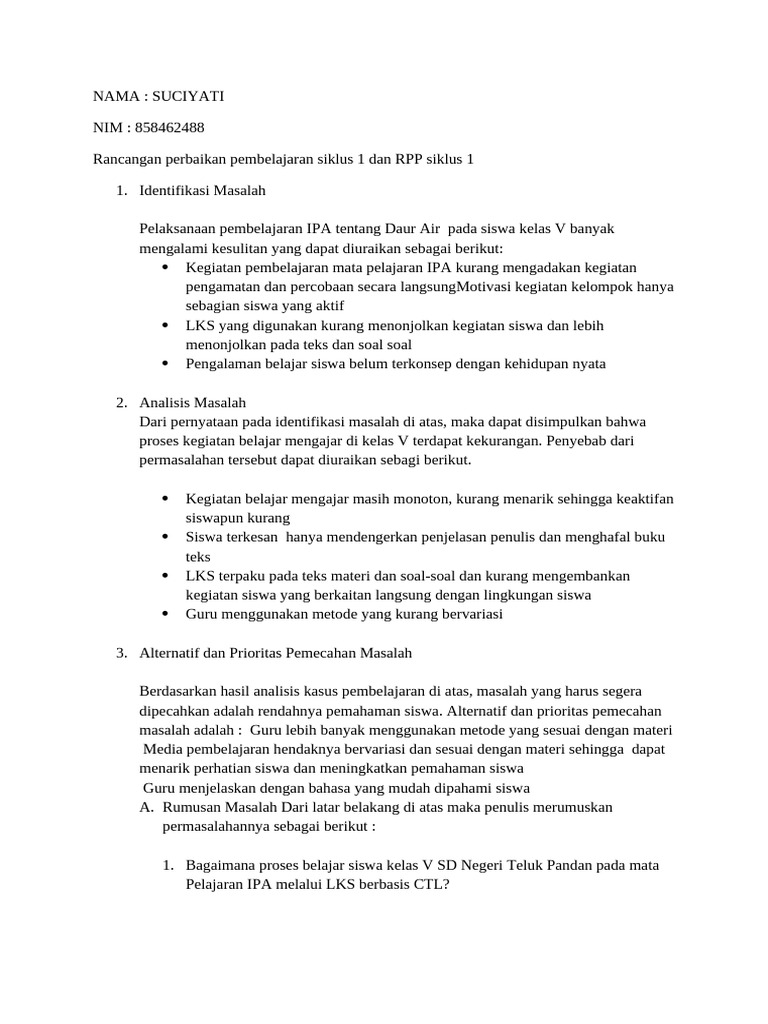 Rancangan Perbaikan Pembelajaran Siklus 1 Dan RPP Siklus 1 | PDF