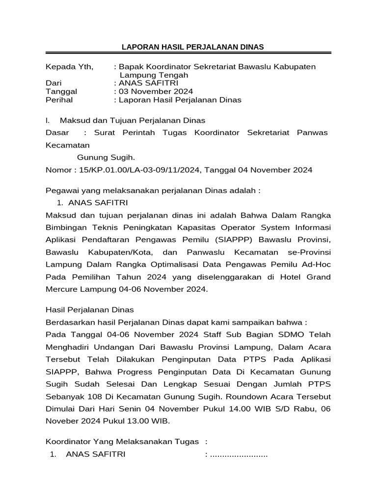 Laporan Hasil Perjalanan Dinas Anas | PDF