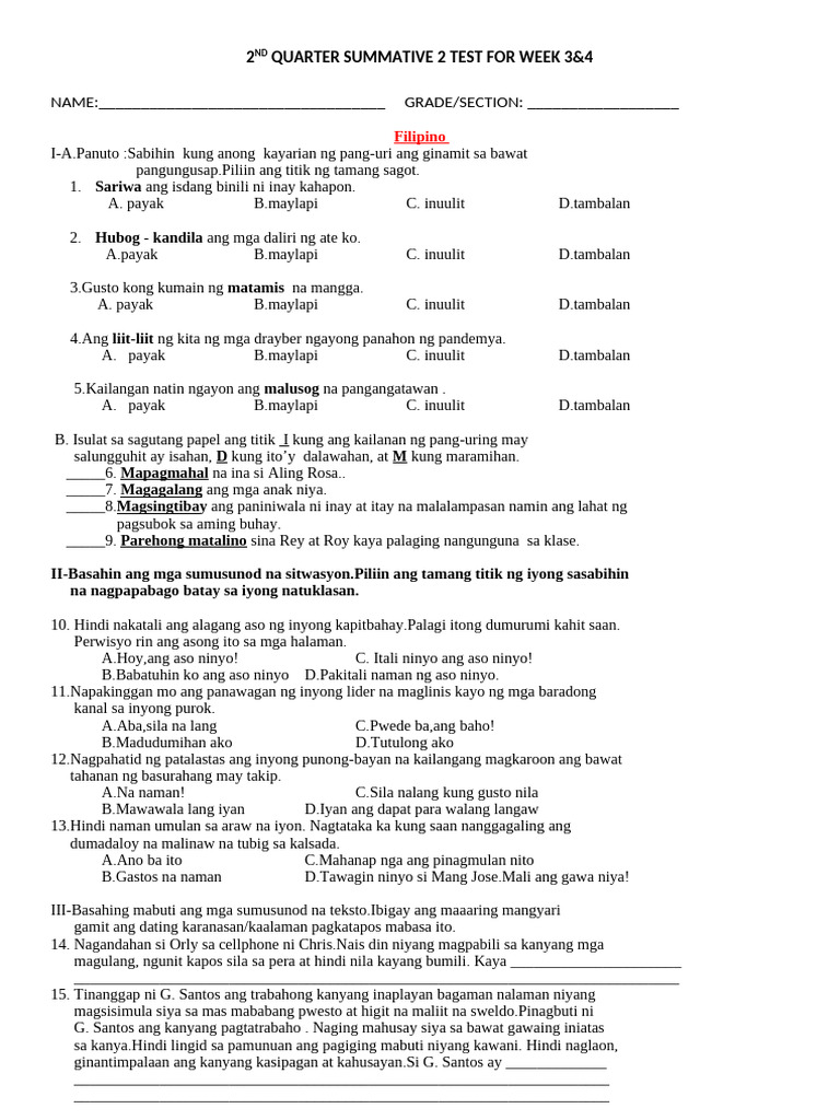 Quarter 2 Summative 2 | PDF
