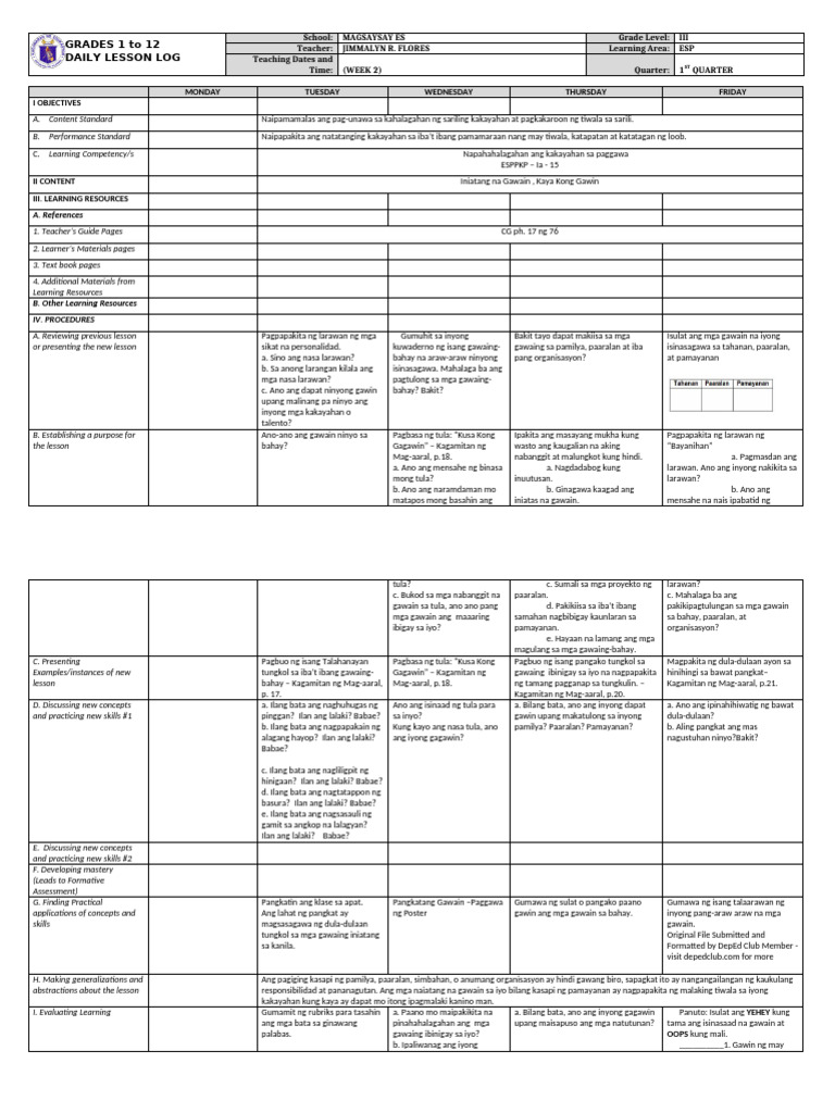 DLL - Esp 3 - Q1 - W2 | PDF