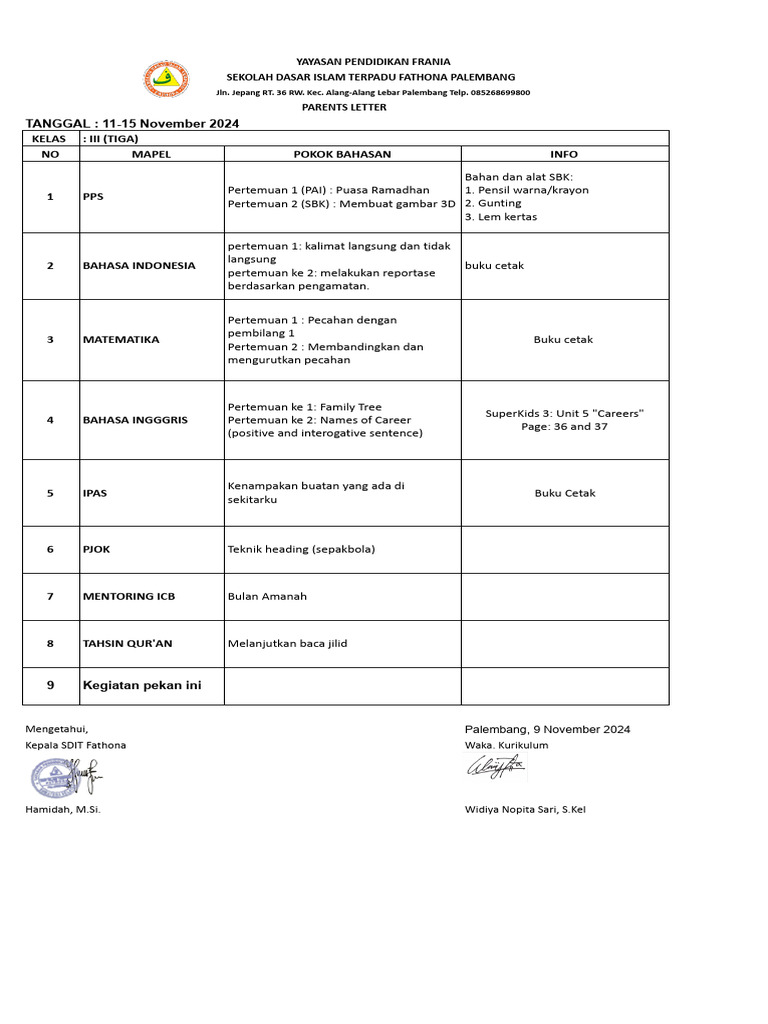 Parlet Kelas 3 TGL 11-15 November 2024 | PDF