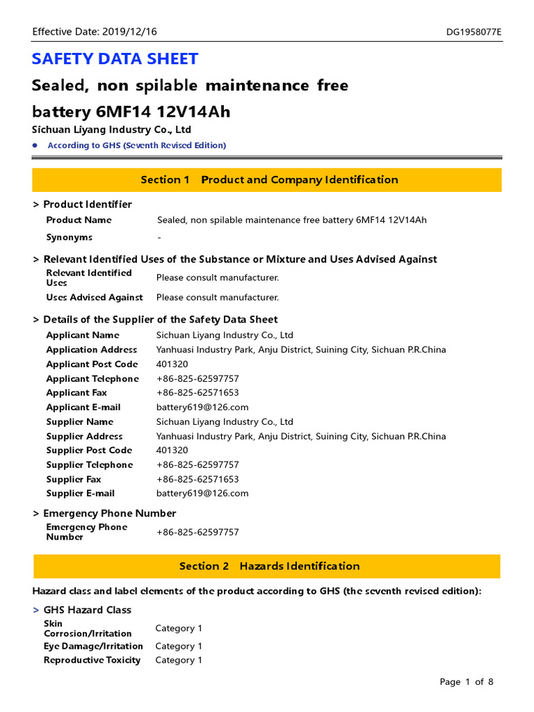 MSDS - Generator Batteries | PDF | Dangerous Goods | Toxicity