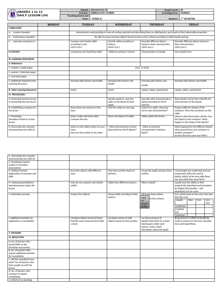 DLL_SCIENCE 3_Q1_W2 | PDF | Liquids | Teachers