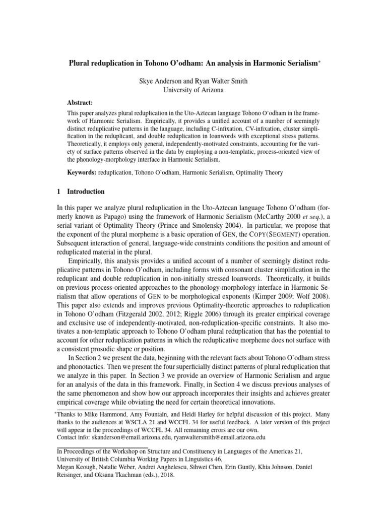Plural Reduplication in Tohono O'odham - An Analysis in Harmonic ...