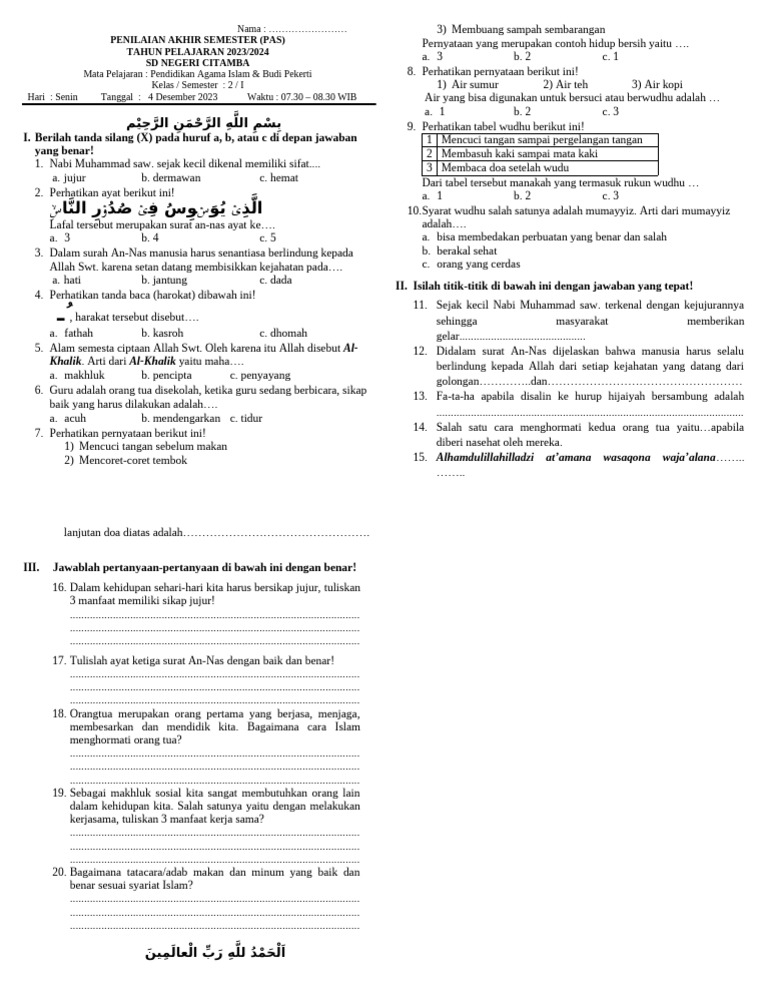 Soal PAS PAI Kelas 2 | PDF