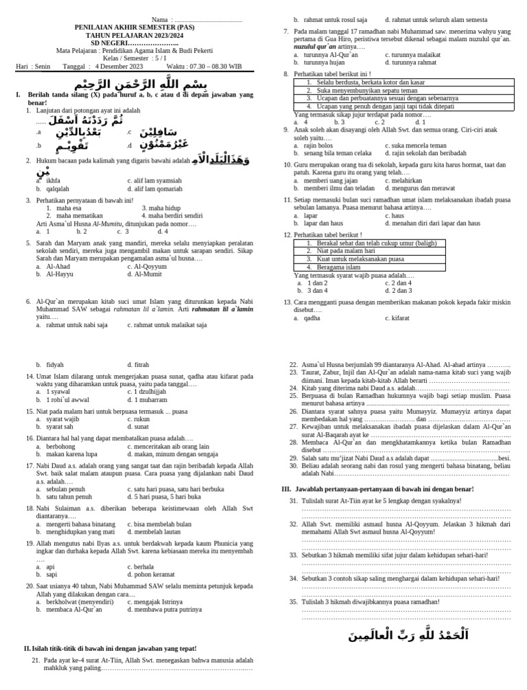 Soal PAS PAI Kelas 5 | PDF
