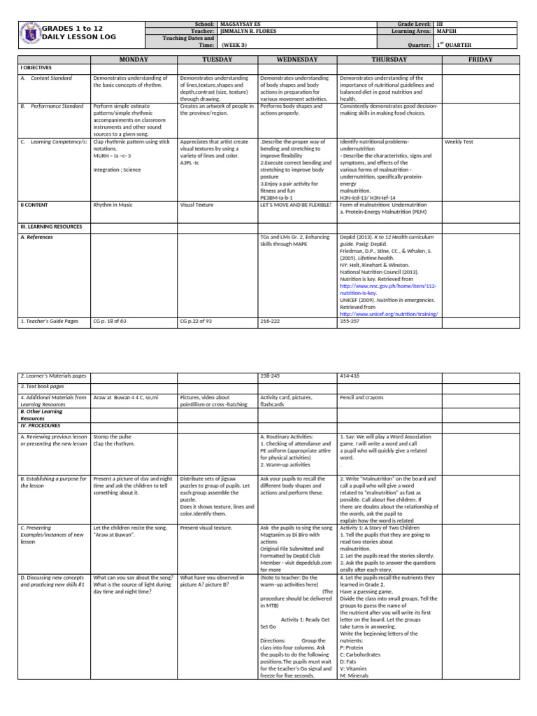DLL_MAPEH 3_Q1_W3 | PDF | Malnutrition | Nutrition