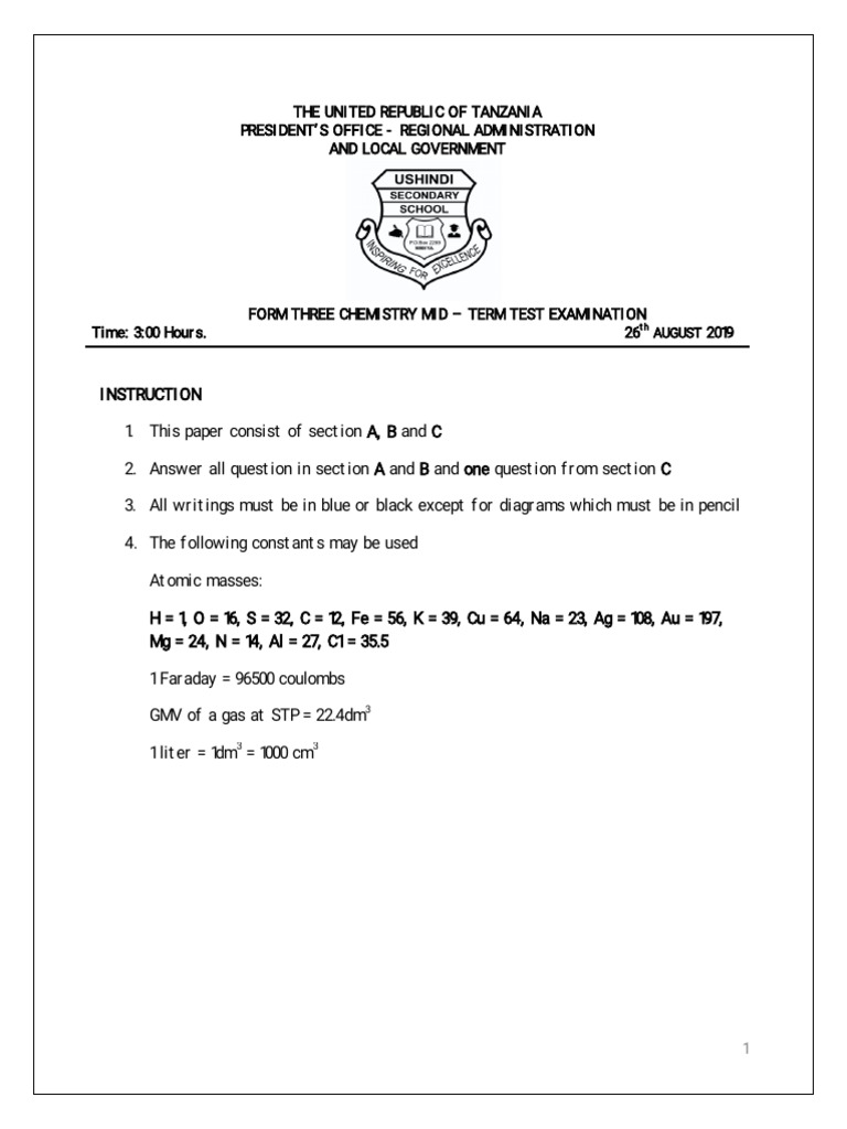 Chemistry Form Three September 2019 | PDF