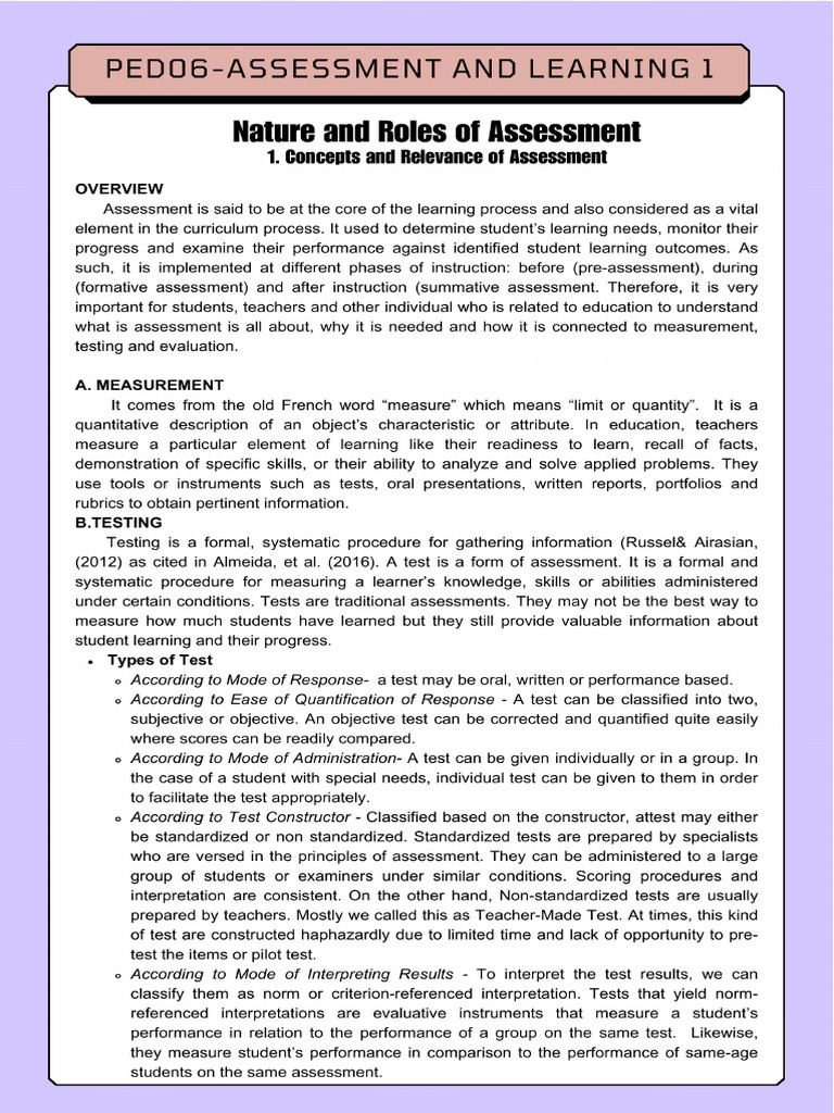 Ped - 06 Nature and Roles of Assessment - 1 | PDF