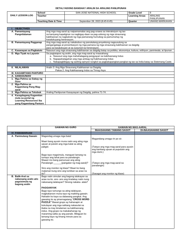 Detalyadong Banghay Aralin Sa Araling Panlipunan 8 | PDF