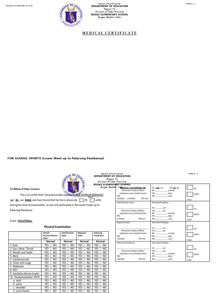 District Meet Etc. Medical Certificate for Athletes | PDF