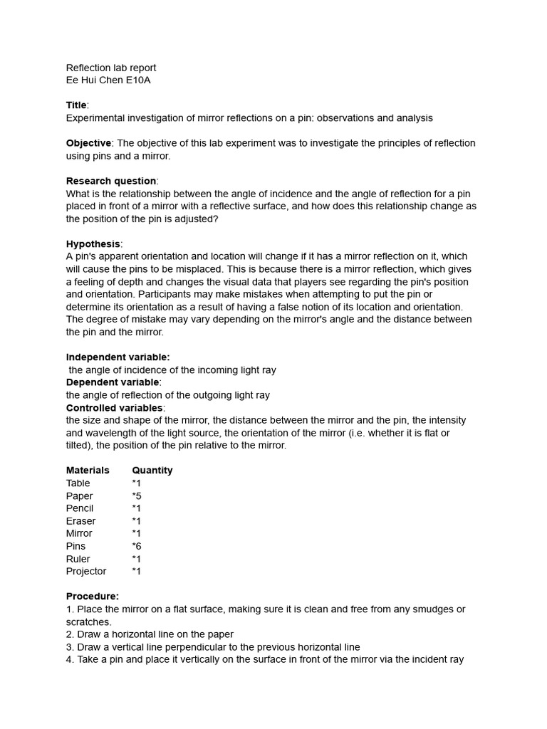 Ee Hui Chen Unit 3 Criterion B Investigation On Reflection With Mirror ...