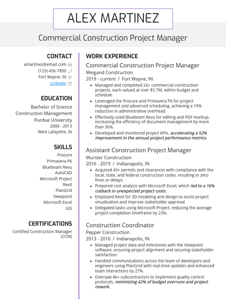 Commercial Construction Project Manager Resume Example | PDF ...