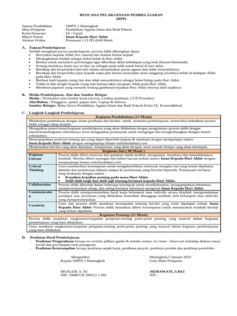 RPP 1 Lembar PAI Kelas 9 k13 | PDF