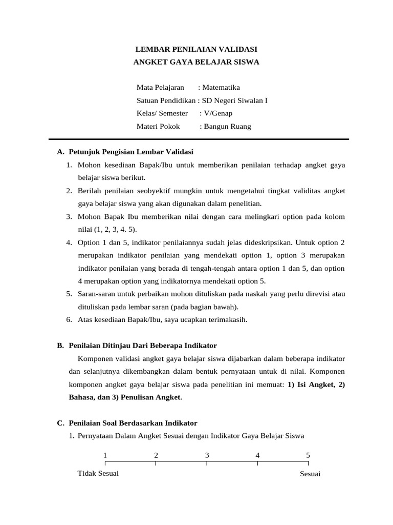 Validasi Angket Gaya Belajar | PDF