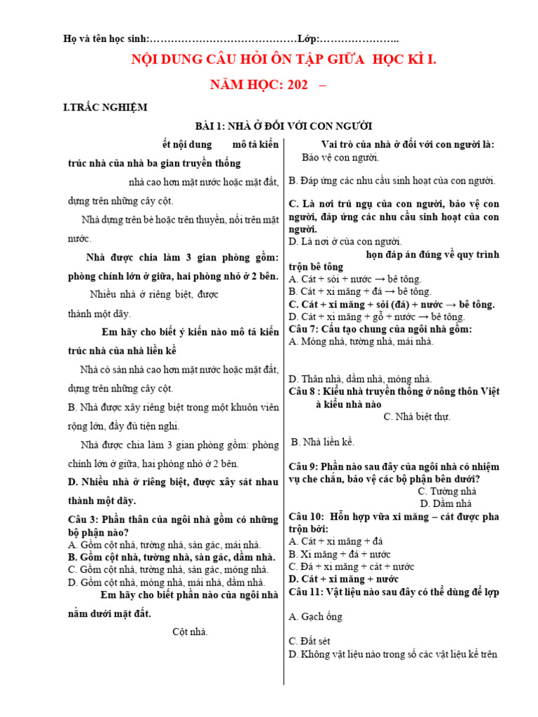 NỘI DUNG CÂU HỎI ÔN TẬP giữa HK1 2024- 2025 - new | PDF