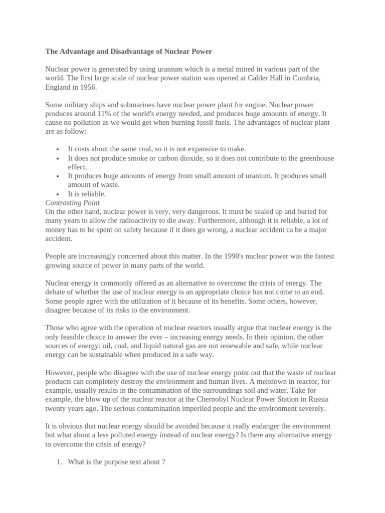 The Advantage and Disadvantage of Nuclear Power | PDF | Nuclear Power ...