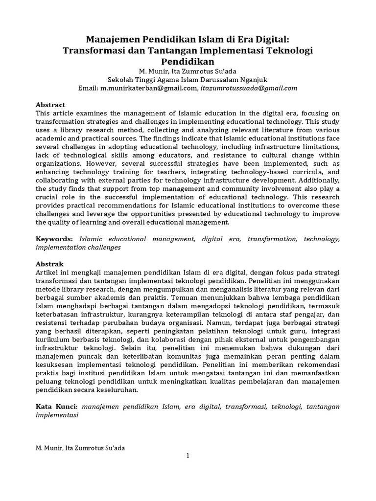 Manajemen Pendidikan Islam Di Era Digital: Transformasi Dan Tantangan Implementasi Teknologi ...