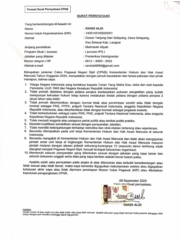 Surat Pernyataan Randi Aldi | PDF